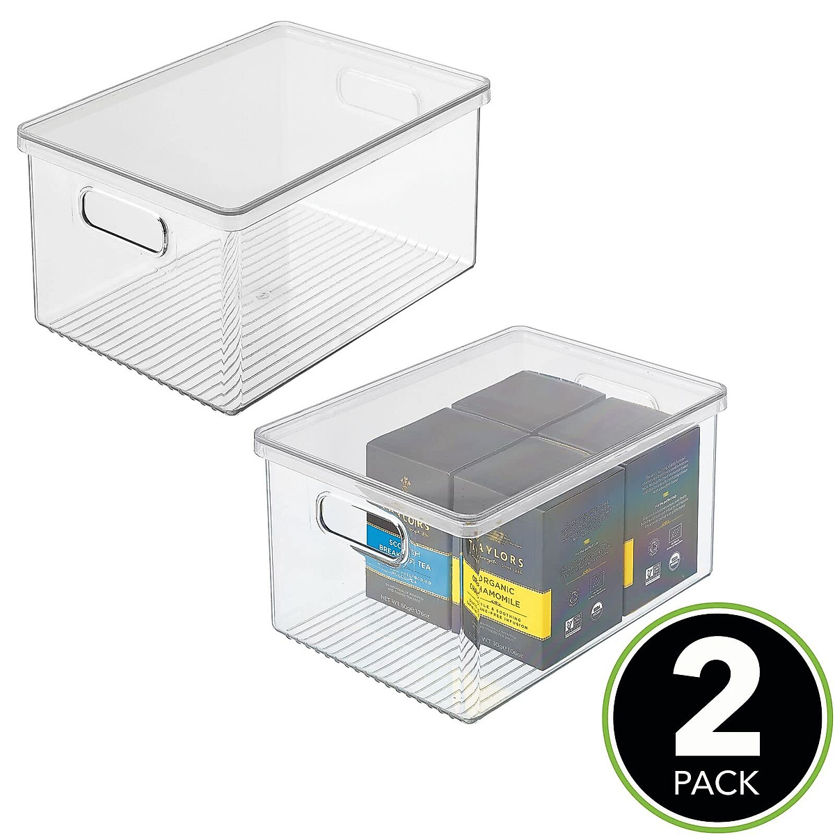 mDesign Plastic Pantry Storage Box Container with Lid and Built-In Handles - Organization for Flour, Cereal, Pasta, Rice, or Food in Kitchen Cupboard, Ligne Collection, 2 Pack, Clear/Clear