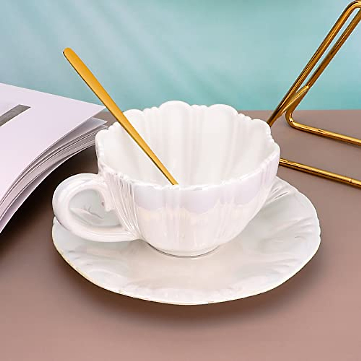 VCXOX Creative Cute Ceramic Coffee Mug with Flower Shape Saucer & Spoon Sets, Novelty Coffee Cup with Comfortable Grip for Office and Home, 8.1 oz/240 ML for Tea Latte Milk Cup (white)