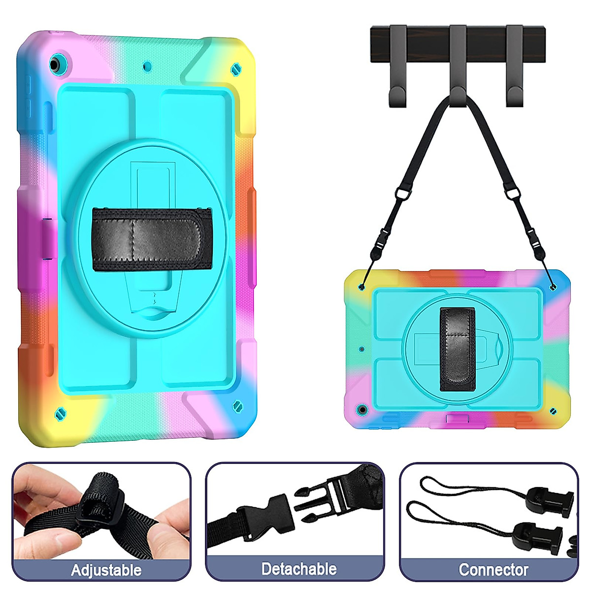 LTROP Case for iPad 9th/ 8th/ 7th Generation (2021/2020/2019), Shockproof 10.2” iPad Cover with Shoulder Strap Pen Holder Swivel Stand, Aqua Teal