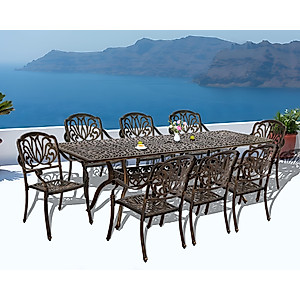 TITIMO 9-Piece Cast Aluminum Patio Furniture Set, Outdoor Dining Set Bistro Conversation Set, All-Weather Rectangular Dining Set with Umbrella Hole(8 Flower Pattern Chairs Without Cushions)