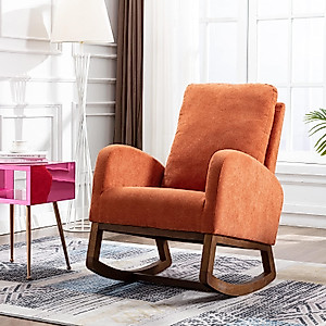 CALABASH Upholstered Rocking Chair Indoor Nursery Rocker Chair Comfortable Thick Padded Armchair with High Backrest Retro Mid-Century Nursery Glider Chair with Armrests for Living Room (Orange)
