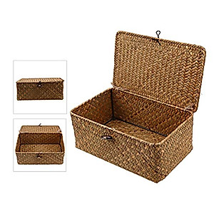 LIOOBO 1pc Natural Seagrass Wicker Nesting Basket Straw Woven Storage Basket Seaweed Woven Hand-Woven Storage Box with Button - Size L