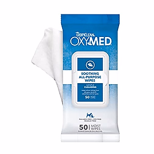 TropiClean Oxymed Soothing Allover Cat & Dog Wipes For Paws And Butt, Anti Itch Relief For Dogs & Cats 50 Count