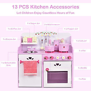 Costzon Kids Kitchen Playset, Wooden Pink Strawberry Themed Pretend Toy Set with 13-Pieces Cookware, Realistic Sound, Pot, Pan, Sink, Oven, Kitchen Set Gift for Toddlers, Girls