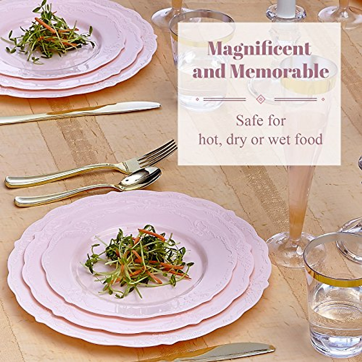 Silver Spoons Disposable Plates For Party - (10 Piece) Heavy Duty Disposable Dinner Set, Pink, Great for Upscaled Wedding, Dining & Serving, Vintage Collection, Blush, Dessert Plates