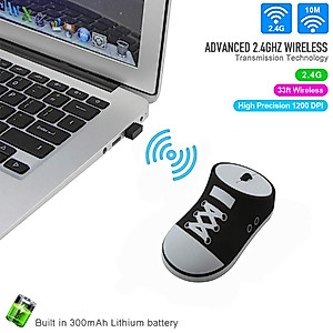 CHUYI Cool Canvas Shoes Shape Ergonomic Design Rechargeable Wireless Mouse Slim Optical Mice with USB Receiver (Stored at Bottom of The Mouse) for PC, Laptop, Computer (Black)
