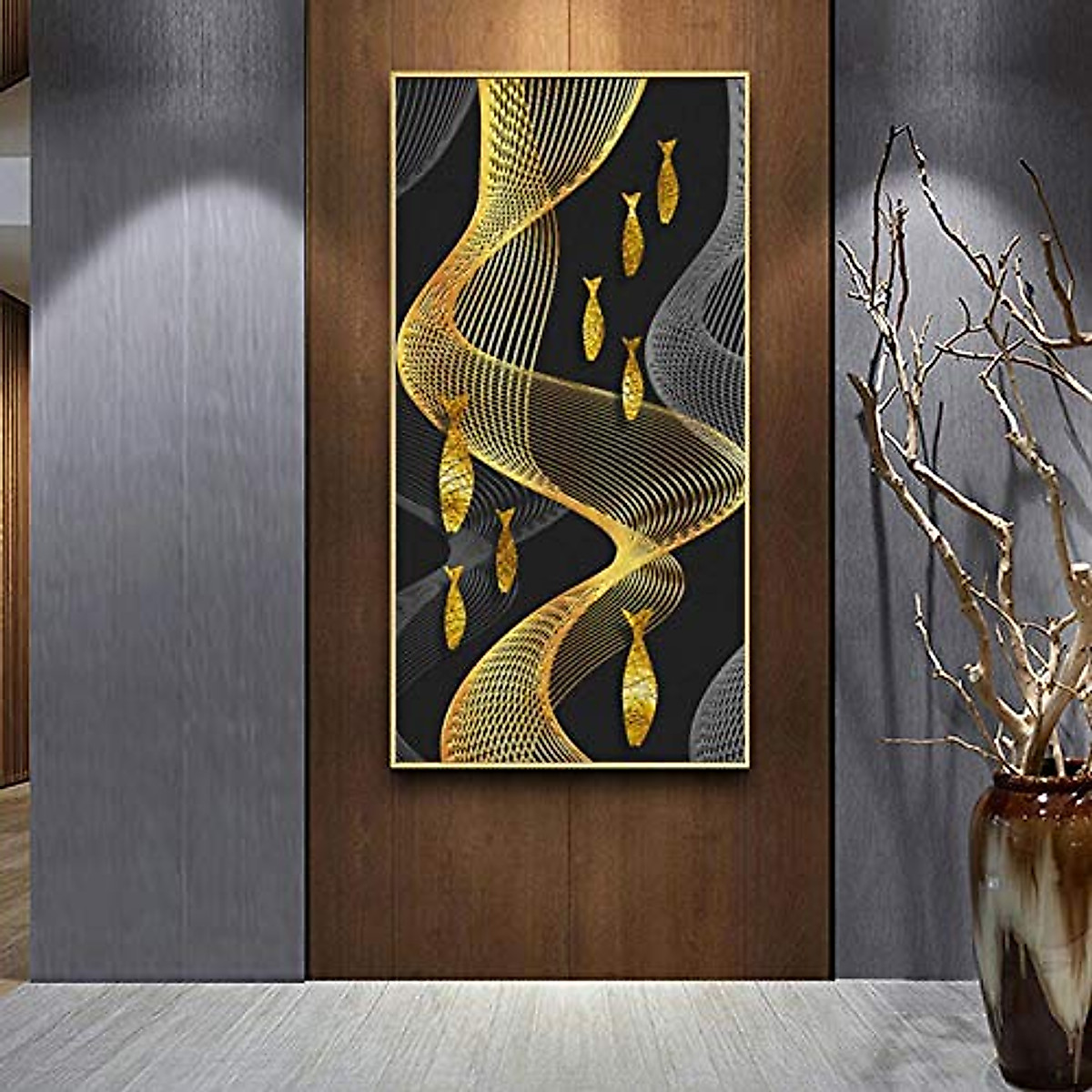 Modern Abstract Golden Fish and Lines Posters and Prints Wall Art Canvas Painting Room Wall Art Picture Home Decoration 90x183cm/35x72inch With Golden Framed Ready to Hang