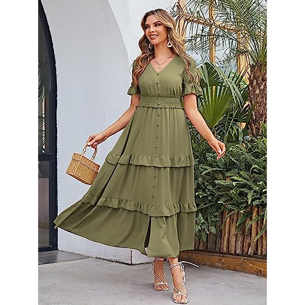 Amegoya Women's Summer Boho Tiered Maxi Dress V Neck Smocked Hight Waist Long Flowy Dress (Army Green S)