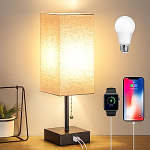GGOYING Bedside Table Lamp, Pull Chain Table Lamp with 2 USB Charging Ports, 2700K LED Bulb, Fabric Linen Lampshade, Nightstand Lamp for Livingroom Bedroom Office Reading Working