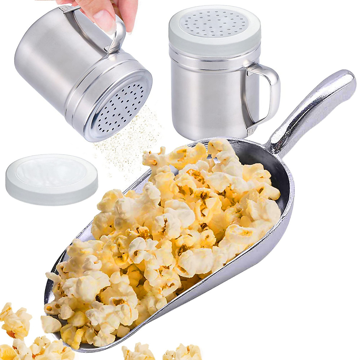 CUSINIUM Aluminium Popcorn Scoop + 2pcs Popcorn Salt Shaker with Handle Bundle