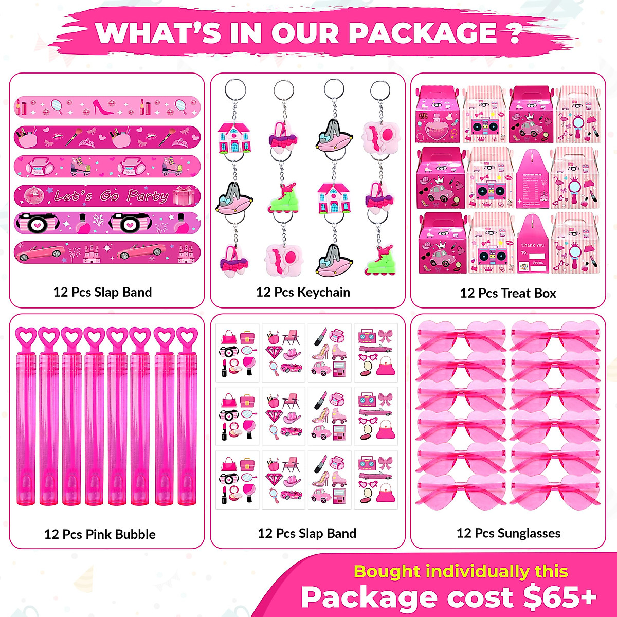 Pink Party Favors 72 Pc Princess Party Stickers Keychain Hot Pink Sunglass Bubble Wand Treat Box for Girl Hot Pink Birthday Party Supplies