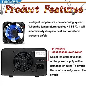 LWLONGWEI DC Power Supply Variable,30V 10A Adjustable Switching Regulated DC Bench Power Supply with 4-Digits LED Power Display 5V/2A USB Output, Coarse and Fine Adjustments Black