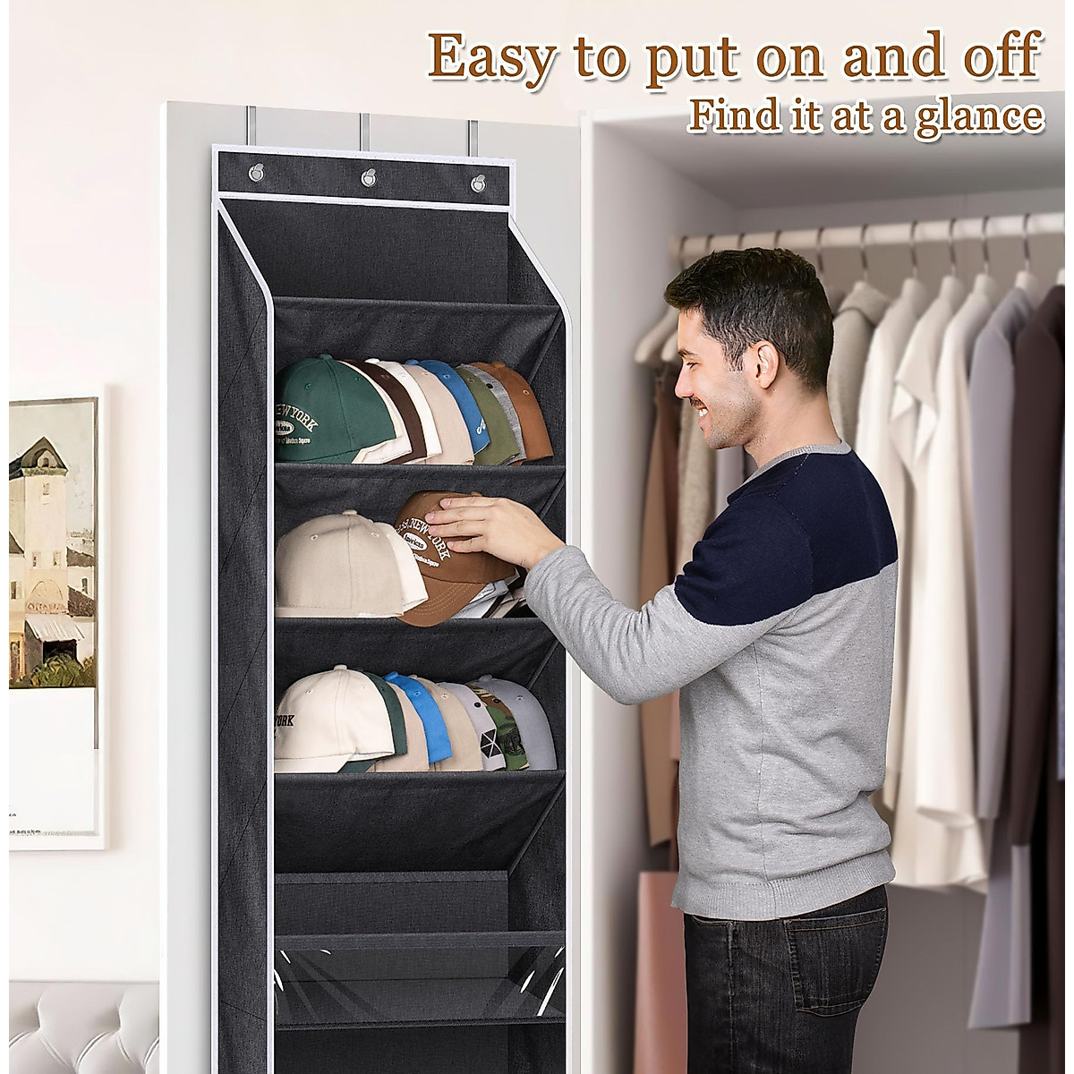 KEETDY Deep Pockets Over the Door Hat Racks for Baseball Caps, Hold 72 Hats Organizer for Closet & Wall Storage Cap Holder Display Collection, Black