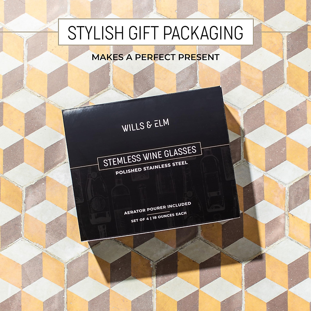 Wills and Elm Black Wine Glasses - Stemless Stainless Steel Wine Glasses Set of 4 with Aerator - Metal Wine Glass - Stainless Steel Wine Glass - Unbreakable Wine Glasses - Outdoor Wine Glasses - 18oz