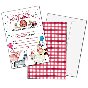 Birthday Party Invitation Cards for Kids, Party Invites, Party Celebration for Teens, Farmhouse Farm Animal Calling All Party Animals Cards, Party Supplies, Personalized 20 Cards With Envelopes-c001