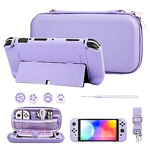 FUNDIARY Carrying Case for Nintendo Switch OLED, Cute Storage Carry Case for Switch OLED Accessories with Flip Case, Screen Protector, Adjustable Shoulder Strap, Wrist Band and 4 Thumb Caps (Purple)