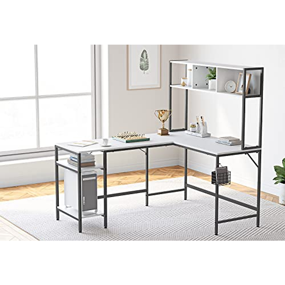 BANTI L-Shaped Desk with Hutch, 60" Corner Computer Desk, Home Office Gaming Table with Storage Shelves, Space-Saving, White