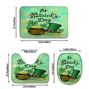 WONDERTIFY St. Patrick S Day Bathroom Antiskid Pad Clover Gold Coins Green Grass 3 Pieces Bathroom Rugs Set, Bath Mat+Contour+Toilet Lid Cover