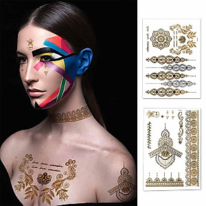 12 Sheets Flash Gold Metallic Temporary Tattoos for Women Girls Waterproof Gold Silver Tattoo Stickers for Beach Festivals Parties Long Lasting Nontoxic Glitter Fake Tattoos Exquisite Designs