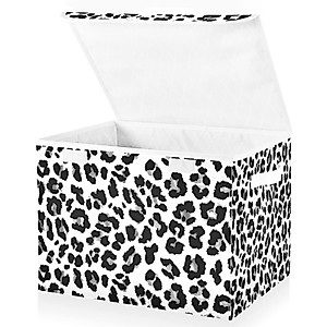 Joisal White Leopard Black Cheetah Collapsible Flip-Top Storage Box with Lid, Stackable Storage Boxes, Large Storage Bags, with Handle and Full Print
