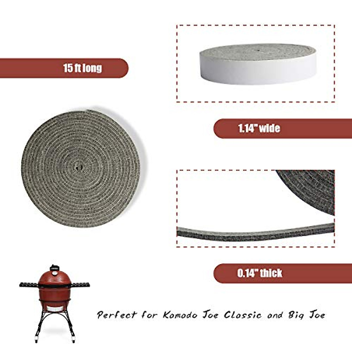 High Temp Grill Gasket Replacement High Heat Felt Fit for Kamado Joe Classic and Big Joe,Kamado Joe Accessories BBQ Smoker Gasket Adhesive Pre-Shrunk Self Stick Felt 15ft Long, 1.14"Wide,0.14"Thick