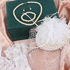 5PCS Fascinators Hat Veil Mesh Headband Set Tea Party Fascinators Set Lace Gloves, Pearl Necklace, Bracelet, Earrings (White)