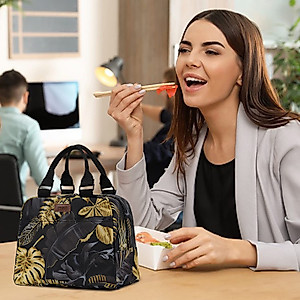 PBRO Insulated Lunch Bag for Women/Men,Reusable Lunch Tote with Adjustable Shoulder Belt,Cute Tropical Plant Leaves Portable Lunch Box Cooler Bag,Perfect for Travel Picnic,Office,Working -Gold