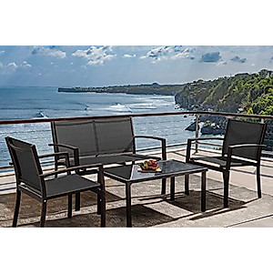 Tuoze 4 Pieces Patio Furniture Set Outdoor Conversation Set with Glass Coffee Table Bistro Set with Loveseat Garden Yard Lawn and Balcony (Black)