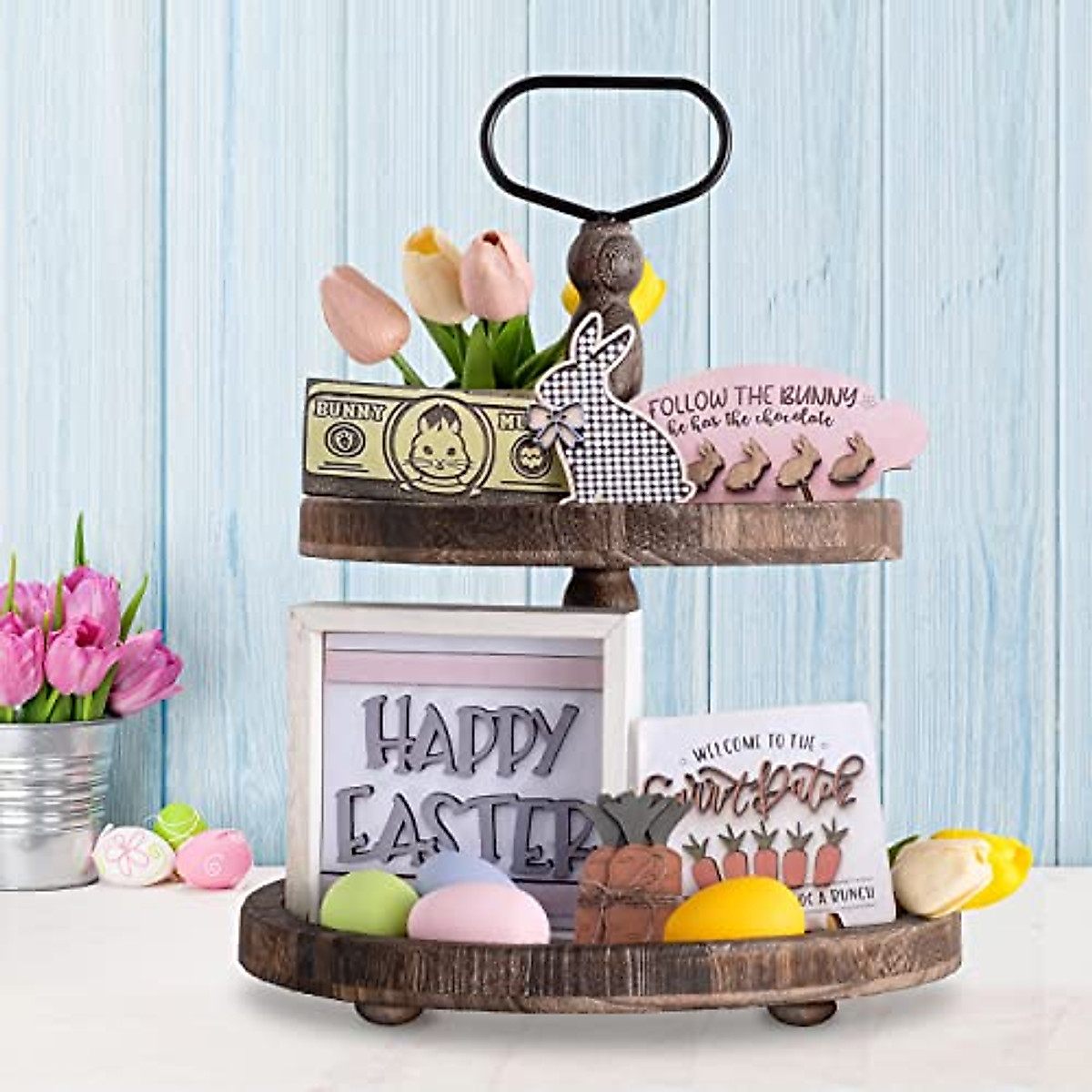 Mustry Rustic Wooden 2 Tiered Tray, Round Farmhouse Kitchen Table Decor Serving Tier Tray, Food Fruits Cupcake Display Coffee Bar Home Party Seasonal Decorations (Brown)