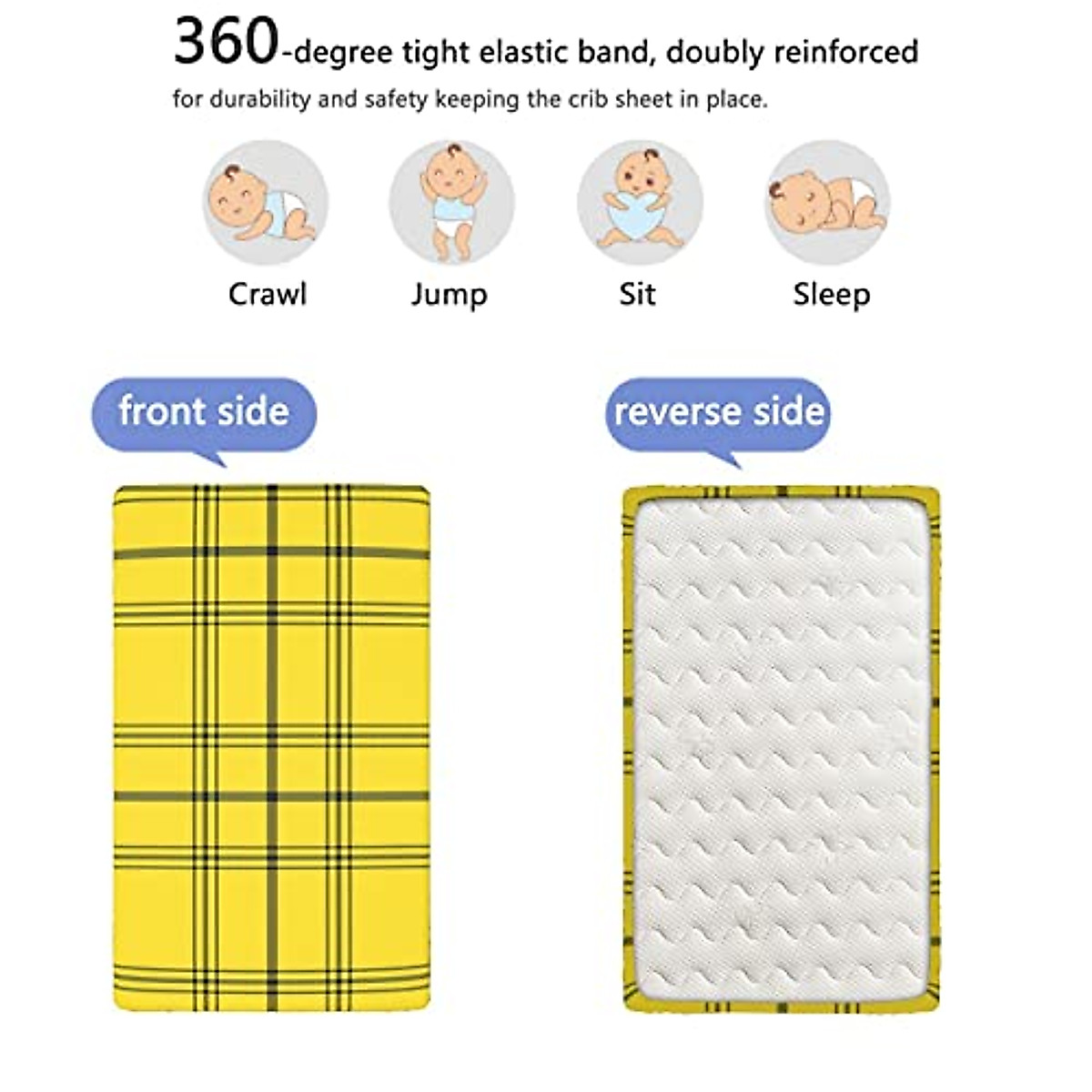 Plaid Themed Fitted Mini Crib Sheets,Portable Mini Crib Sheets Toddler Bed Mattress Sheets-Baby Sheet for Boys Girls,24“ x38“,Yellow and Charcoal Grey