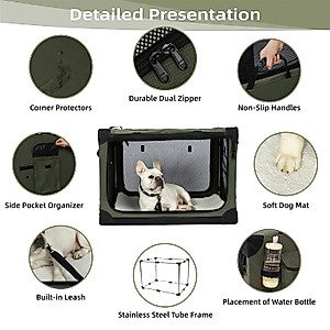Pettycare 36 Inch Stainless Steel Collapsible Dog Crates for Large Dogs, 4-Door Soft Sided Kennel for Travel, Portable Foldable Pet Crate with Durable Mesh Windows, Indoor & Outdoor, Olive Green