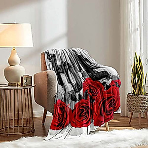 LUVIVIHOME Red Rose Blanket, Rustic Farmhouse Romantic Flower Floral Throw Blanket, Grey Blanket, Cozy Soft Fuzzy Warm Flannel Fleece Blanket for Couch, Sofa, Valentine's Day Gifts for Women, 30"x40"