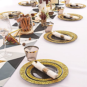 NOCCUR 210pcs Black and Gold Plates - Black Gold Plates and Napkins Party Supplies Include 30 Dinner Plates, 30 Dessert Plates, 30 Prerolled Plastic Cutlery and 30 Cups - Ideal for Party&New Year
