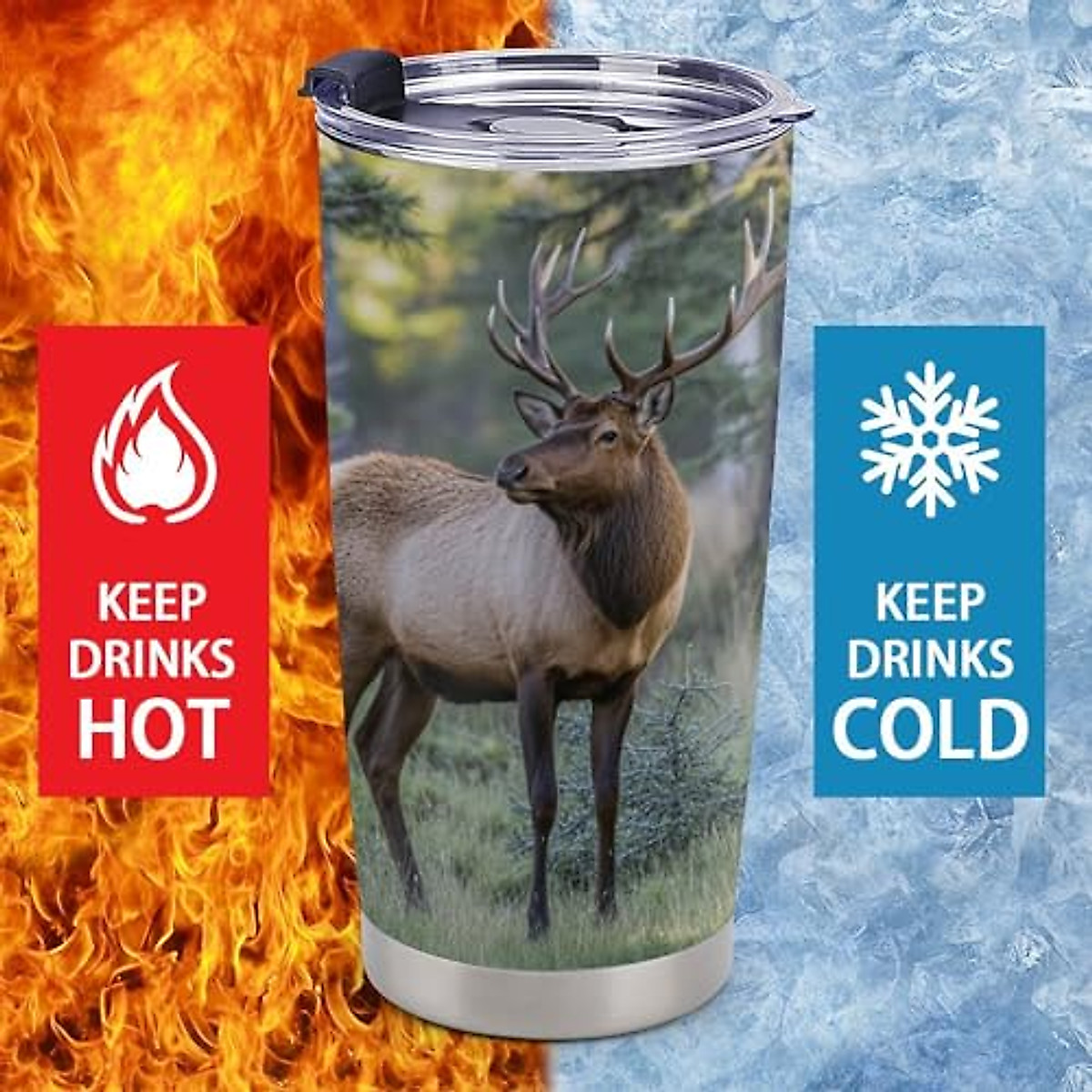 FHENMSA Reusable Plastic Water Cups with Lids,Fall Moose Deer Print Anti-overflow Cup,sports Travel Coffee Cup