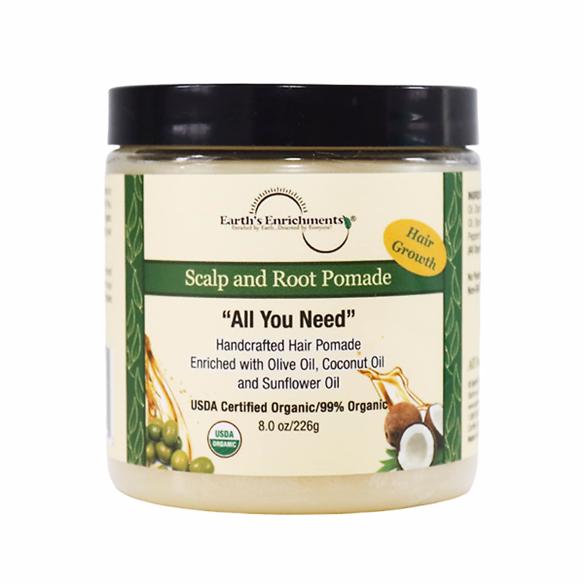 Earth's Enrichments Organic Pomade - Hair Food for Growth, Contains Tea Tree, Rosemary, Lavender Oil, Natural Hair Grease for Thick, Straight, Curly, Wavy, Thin Hair, Women, Men, Kids, USDA, 8oz