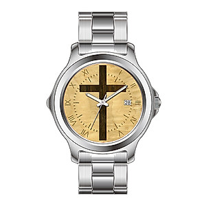 FDC Christmas Gift Watches Men's Fashion Japanese Quartz Date Stainless Steel Bracelet Watch Basic Christian Cross Wooden Veneer Maple Rosewood Watch