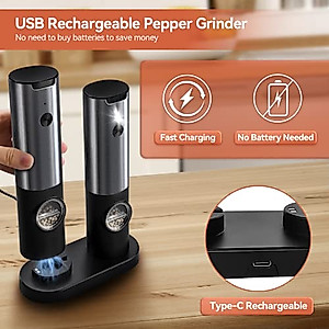 [2023 𝐔𝐩𝐠𝐫𝐚𝐝𝐞𝐝] Electric Salt and Pepper Grinder Set Rechargeable, No Battery Needed, One Hand Operation, Automatic Pepper Mill Refillable, Stainless Steel, Adjustable Coarseness, LED Light