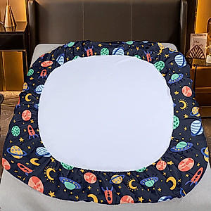 Color Planet Moon Star Flat Sheet Queen with 2 Pillowshames for Boys Girls Outer Space Universe Fitted Sheet Sets for Kids Spaceship Rocket Pattern Bedding Sheets