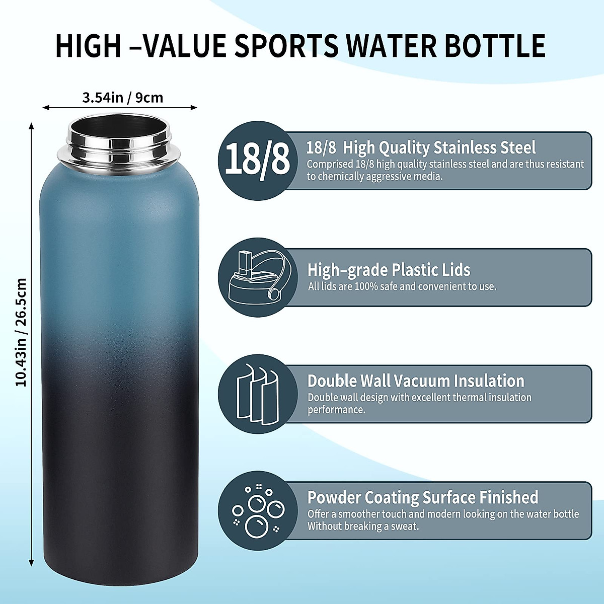 Senbowe 40 oz Insulated Water Bottle With Straw, Stainless Steel Leak Proof Vacuum Sports Water Flask with 3 Lids (Straw, Spout and Handle Lid), Keeps Cold and Hot, Great for Hiking, Biking, Running