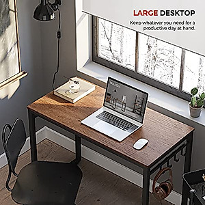 VASAGLE Computer Writing Desk, 39 Inch Office Study Table, Work from Home, with 8 Hooks, Metal Frame, Industrial, 39.4", Walnut Brown