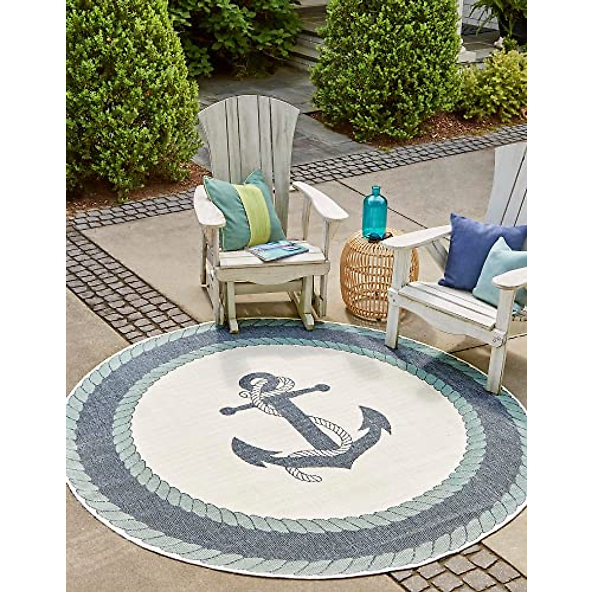 Unique Loom Outdoor Coastal Collection Area Rug - Anchor (4' 1" Round, Navy Blue/ Light Blue)