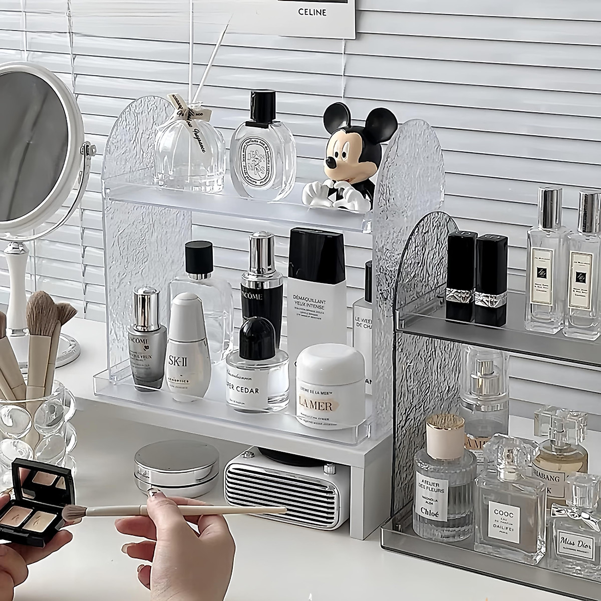 Elivida Perfume Organizer 2 Tier Makeup Organizer Acrylic Bathroom Counter Organizer Vanity Skincare Storage Shelf Modern Cosmetics Holder Shelf, Clear White
