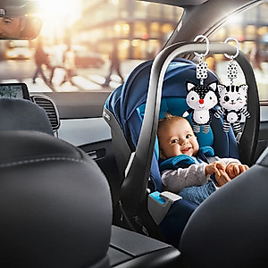 Cute Hanging Stroller Car Seat Toys for Baby, C Clip Hanging Animal Soft Toys with Rattles BB Squeaker Distorting Mirror for Boys Girls 0-36 Months (Black-White)