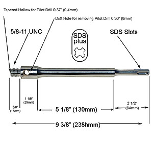 SDS Plus Core Drill Bit Adapter with Pilot Drill Core Drill Bit Extended Adapter with TCT Pilot Drill Bit for 6" Long Core Drill Bits Drill Deep Deep Holes for Drilling Concrete Brick and Masonry