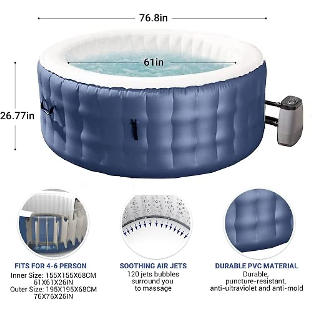 #WEJOY Inflatable Hot Tub 76 x 76 x 27 in Air Jet Spa 5 Person Outdoor Round Heated Hot Tub Spa with 120 Bubble Jets