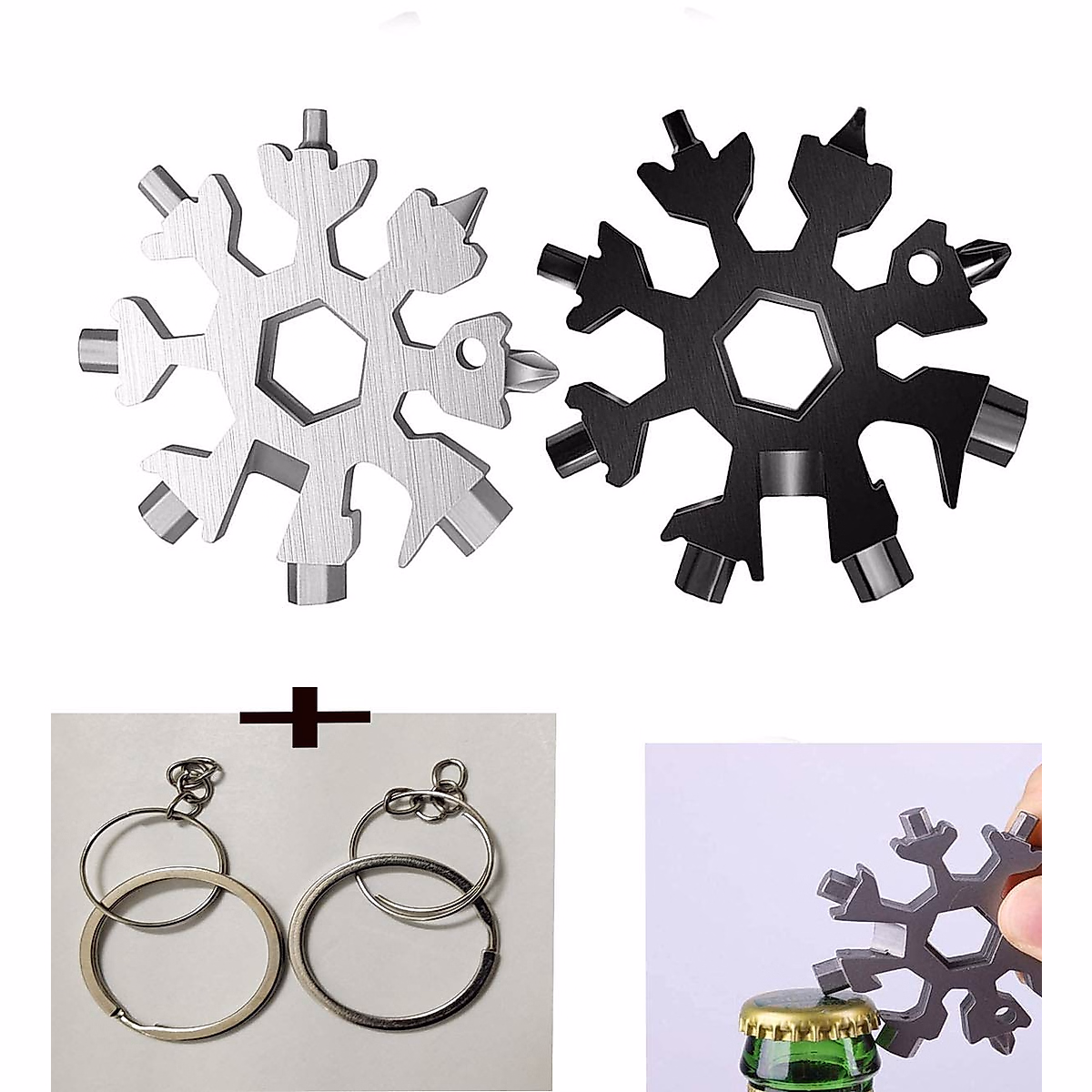 2PCS 18-in-1 Snowflake Multi Tool, Stainless Steel Snowflake Bottle Opener/Flat Phillips Screwdriver Kit/Wrench, Durable and Portable to Take, Great Christmas gift(Silver Black)