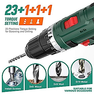 HUYOSEN Cordless Drill Driver, 21V Professional Impact Drill, 46N.M Torque- 3/8''Auto Chuck, 23+1 Clutch, 57 Pcs Accessorie, Built-in LED Power Drill Drivers Set for Drilling Wall Wood Metal DIYs