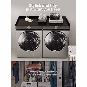 Toemics Washer Dryer Countertop, 27.5" x 54" Laundry Room Organization Shelf with Edge Rails for Washer and Dryer, Durable Melamine Finish, Non-Slip Pads, and 3 Laundry Bags, Black