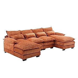 Eafurn Free Combination U Shaped Sectional Chaise Lounge,Velvet Upholstery Symmetrical Modular Solid Wood Legs,Convertible Sleeper Sofa & Couch Living Room Furniture Sets, Orange 110.63"