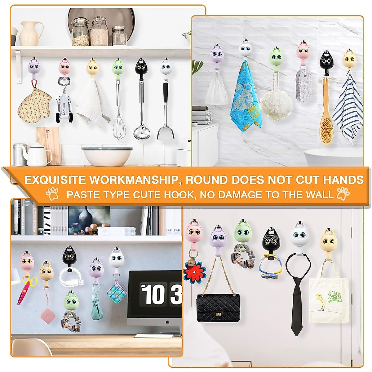 TalkiiWith Creative Adhesive Coat Hooks，2Pcs Wink Cat Hooks for Hanging Towels, Hats,Coat,Cloth Bags, Belts, Key, for Wall Hanging（Green+Purple）